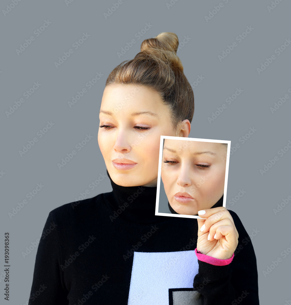 Aging. Mature woman-young woman.Face with skin problem.Before and after ...