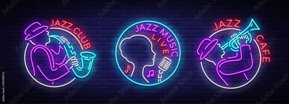 Jazz music collection of logos in neon style. Set of neon sign symbols ...
