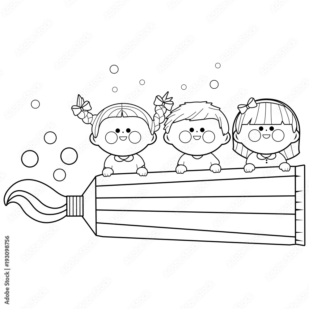 Children holding a big toothpaste. Vector black and white coloring page ...