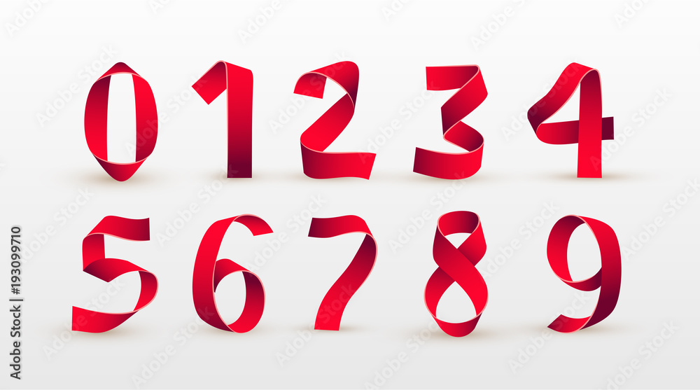 Paper folding numbers. Red ribbon script font. Modern stylized paper ... Paper folding numbers. Red ribbon script font. Modern stylized paper ...