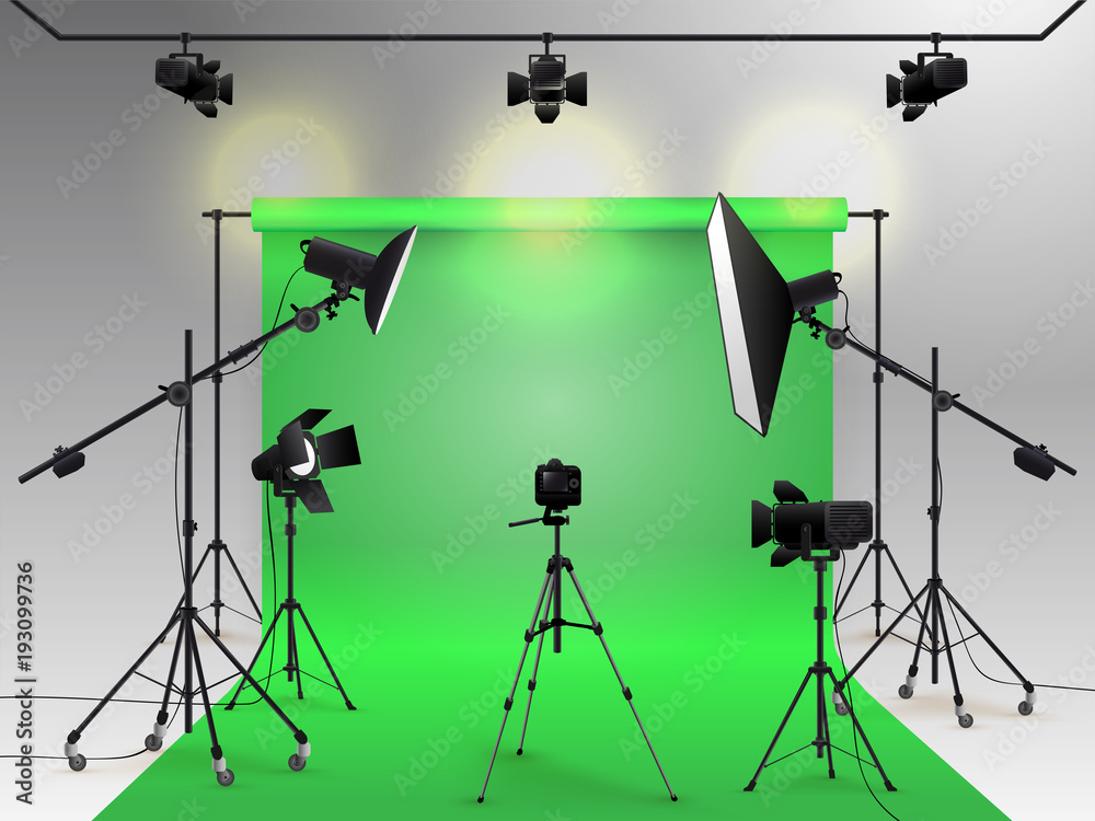 Photography studio vector. Photo studio green blank background with ...
