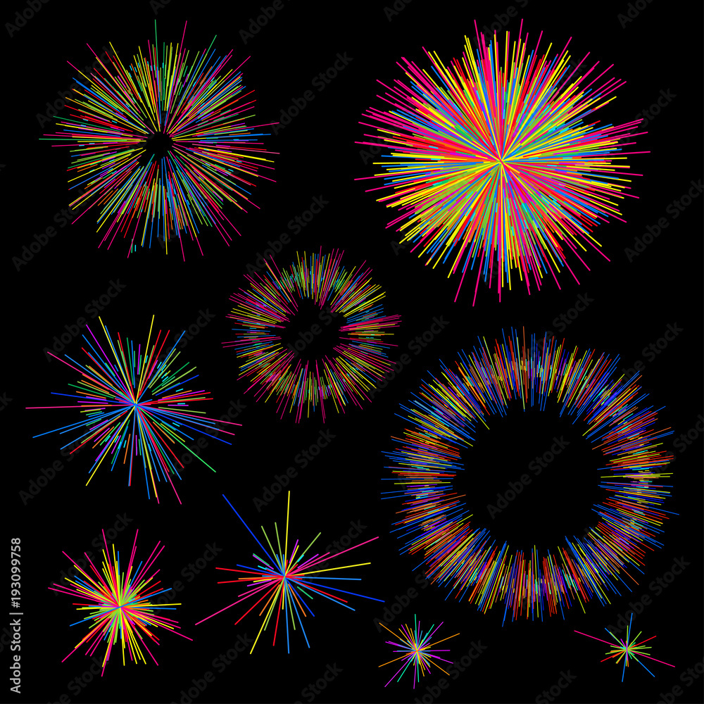 Set of colorful fireworks radiating from the center of thin beams ...