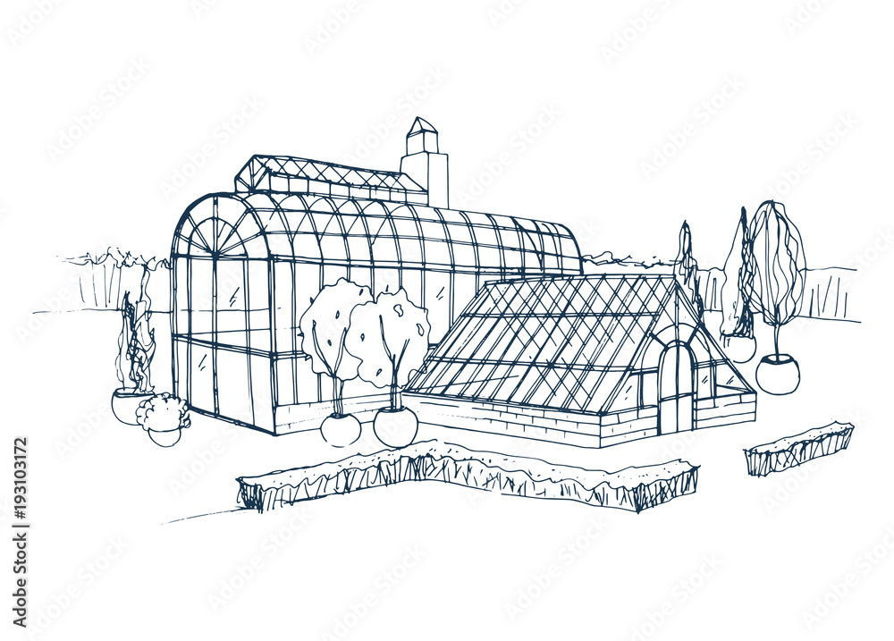 Freehand sketch of exterior of exotic botanical garden surrounded by ...