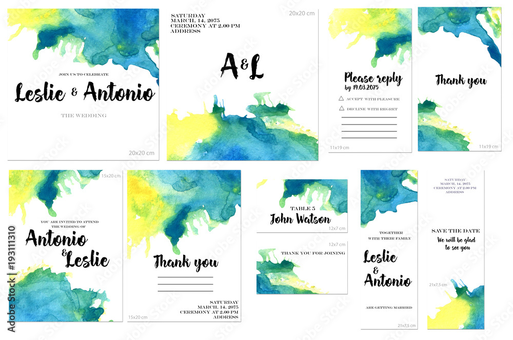 Card templates set with blue and yellow watercolor splashes background ...