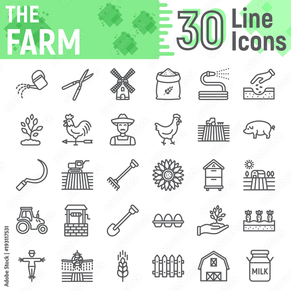 Farm line icon set, farming symbols collection, vector sketches, logo ...