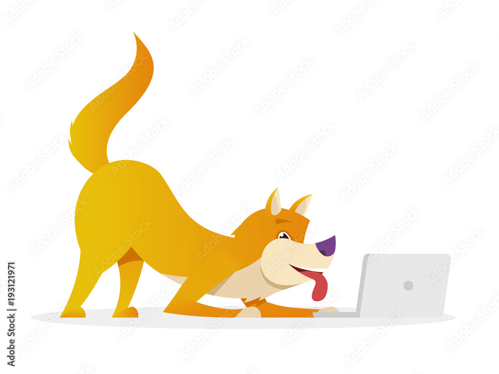 Funny dog with laptop raises its tail up vector flat illustration. Dog ...