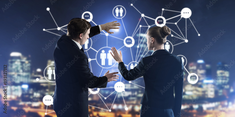Concept of social connection and networking against night city view and ...