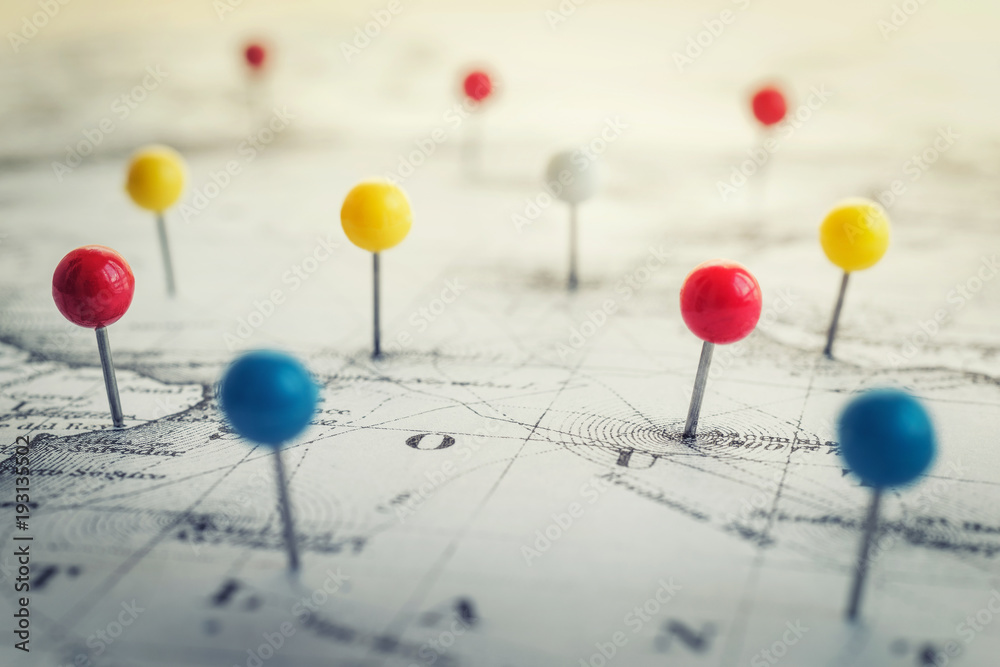 Pin marking location on map. Adventure and travel theme grunge ...