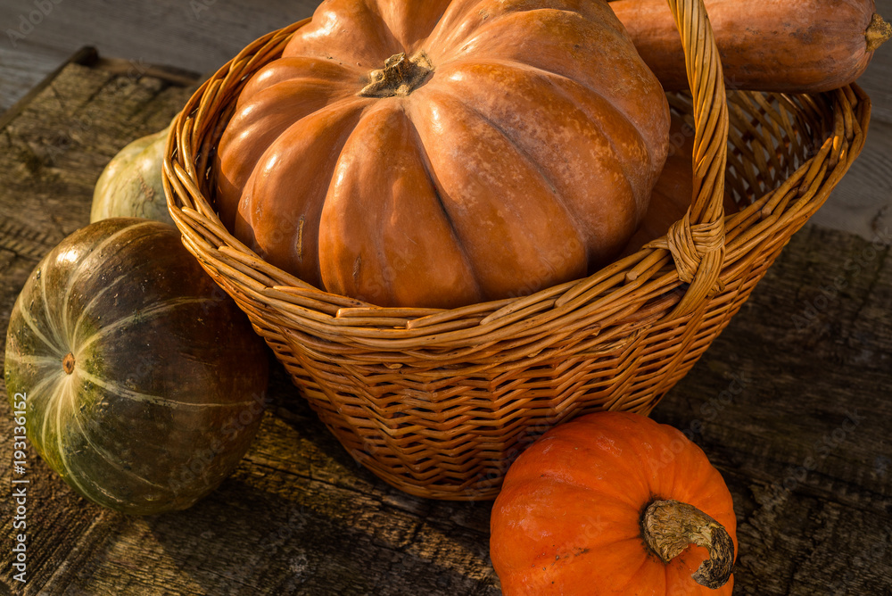Orange autumn pumpkins on the old rustic table with vintage film ...