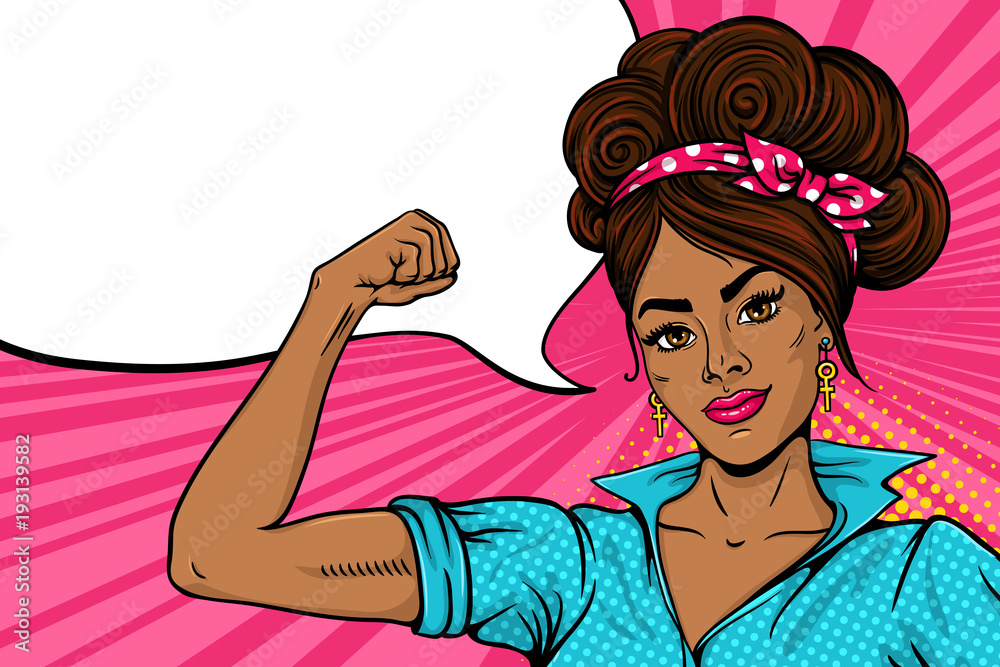 Pop Art Sexy Strong Girl With Dark Skin Smiling And Rising Her Fist And