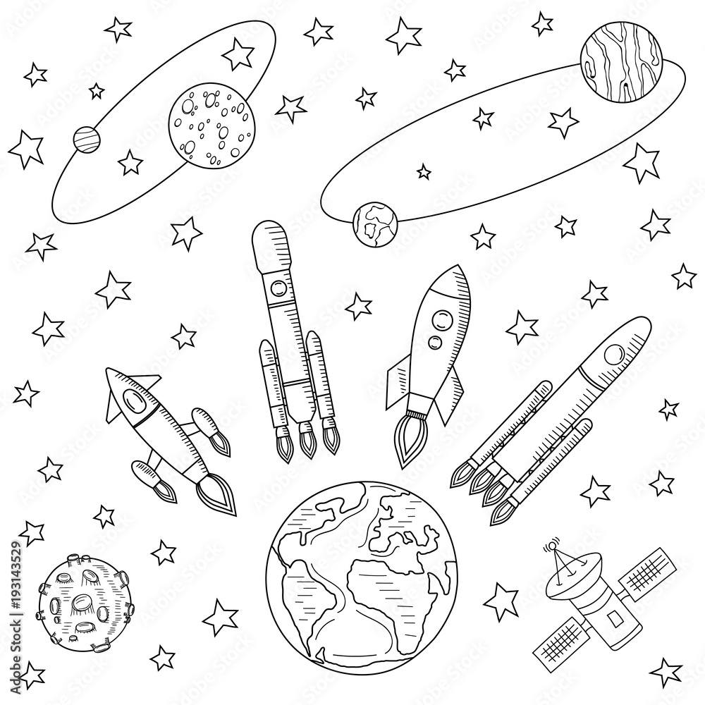 Space ships fly away from the Earth to other planets. Planets and ...