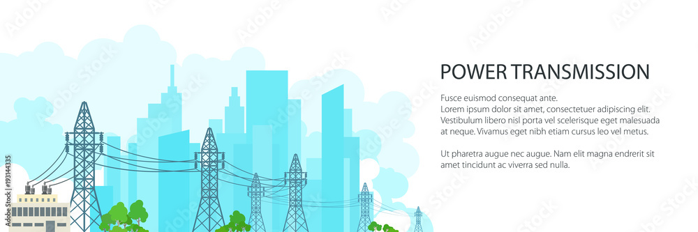 White Banner with High Voltage Power Lines Supplies Electricity to the ...