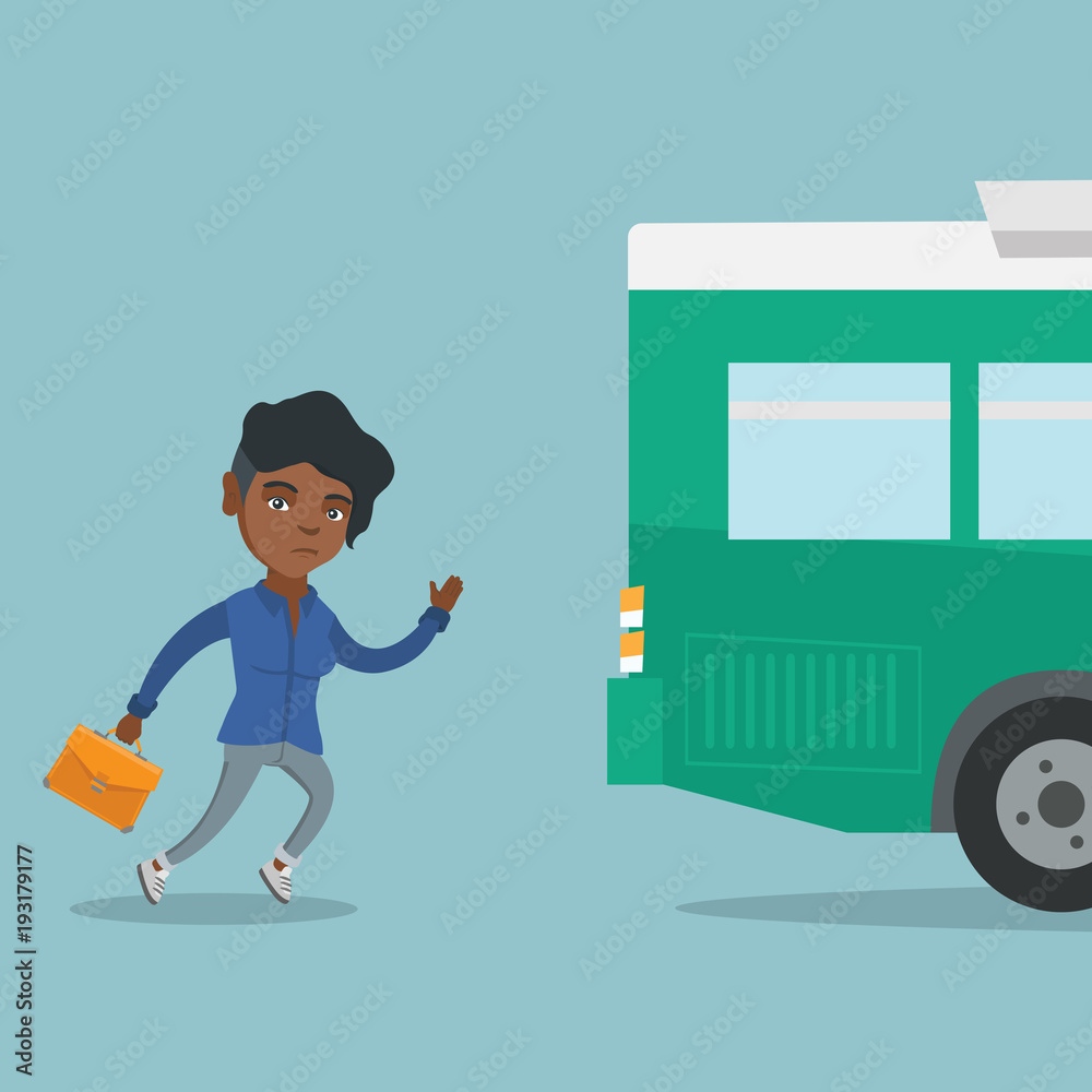 African-american business woman running for an outgoing bus. Young ...