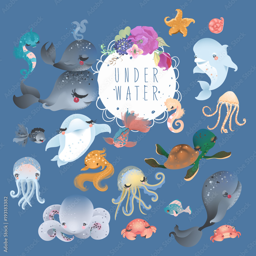The set of cute sea, ocean, underwater animals - whale, dolphin ...