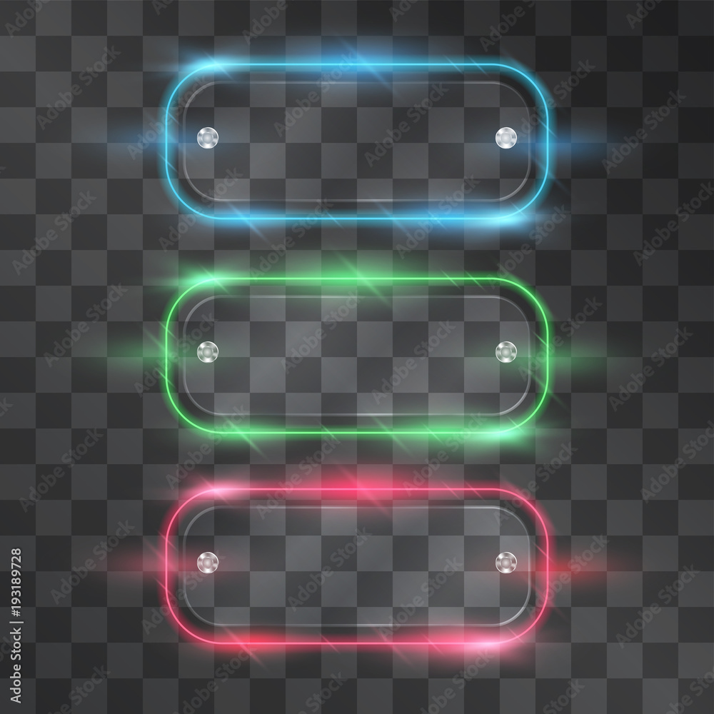 Set of glass plaques with neon light glow rim, stylish vector menu ...