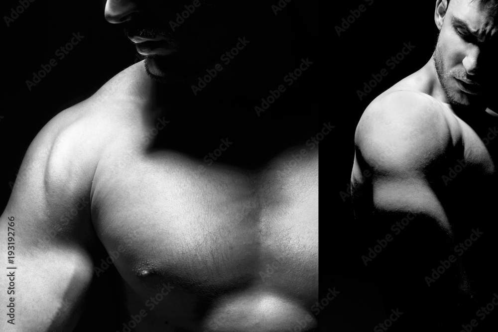 Big and strong muscular man in posing in a low light. Fitness model or ...