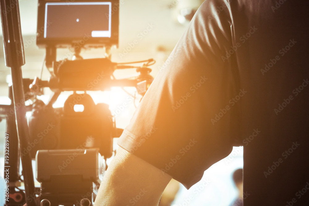 Cinema Camera on Film Set, Behind the scenes background, film crew ...