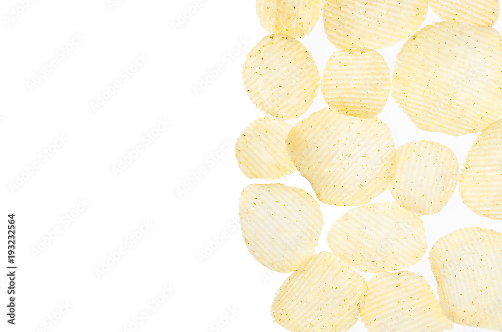Yellow potato chips as decorative border on white background, isolated ...