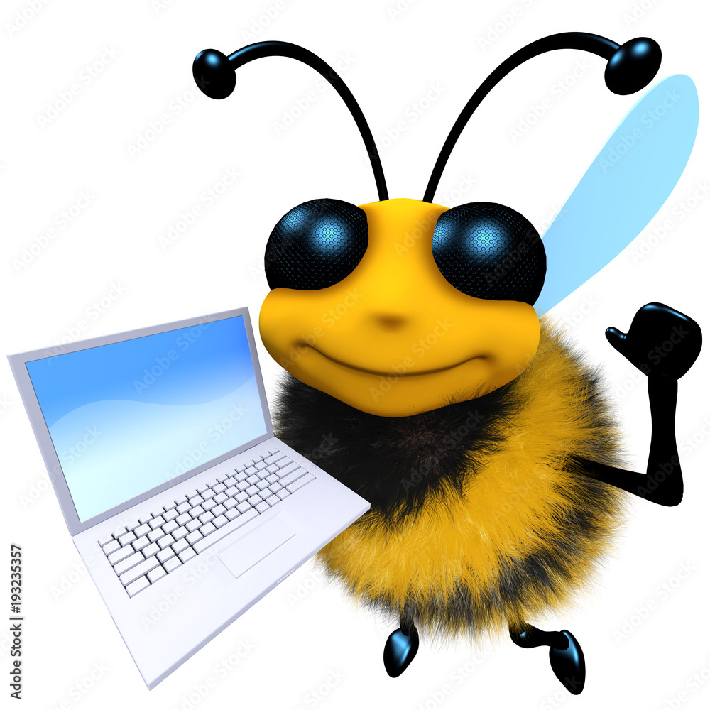 3d Funny cartoon honey bee character holding a laptop pc device Stock ...