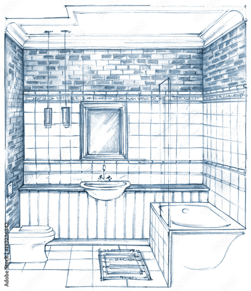Monochrome pencil drawing of a classic bathroom interior Stock ...