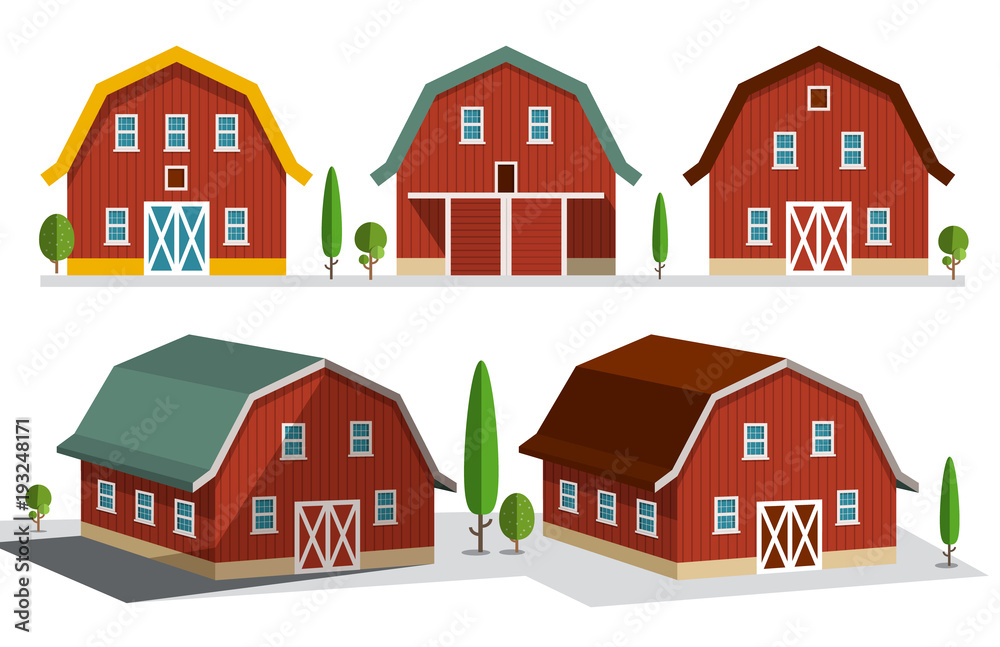 Houses on Farm. Farming Concept. Vector Buildings Set. Rural Scene ...