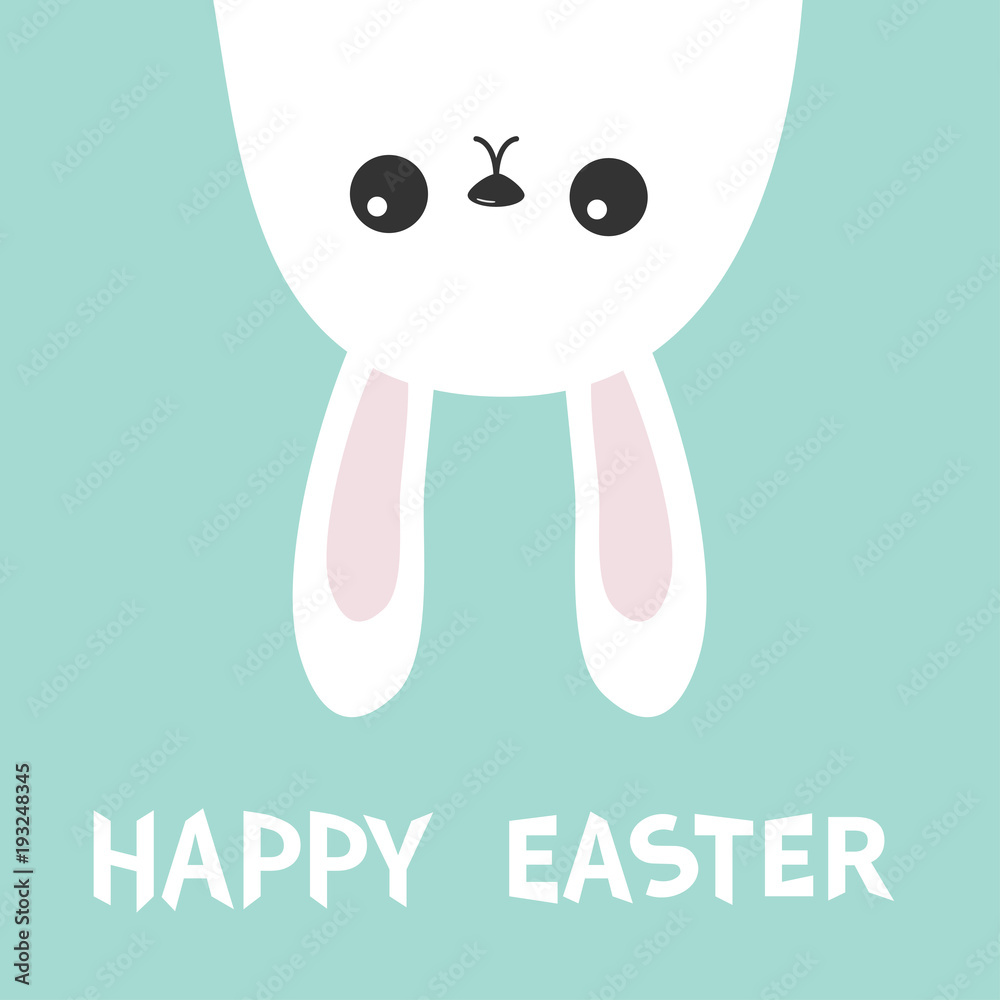 Happy Easter. White bunny hare rabbit hanging upside down. Picaboo ...