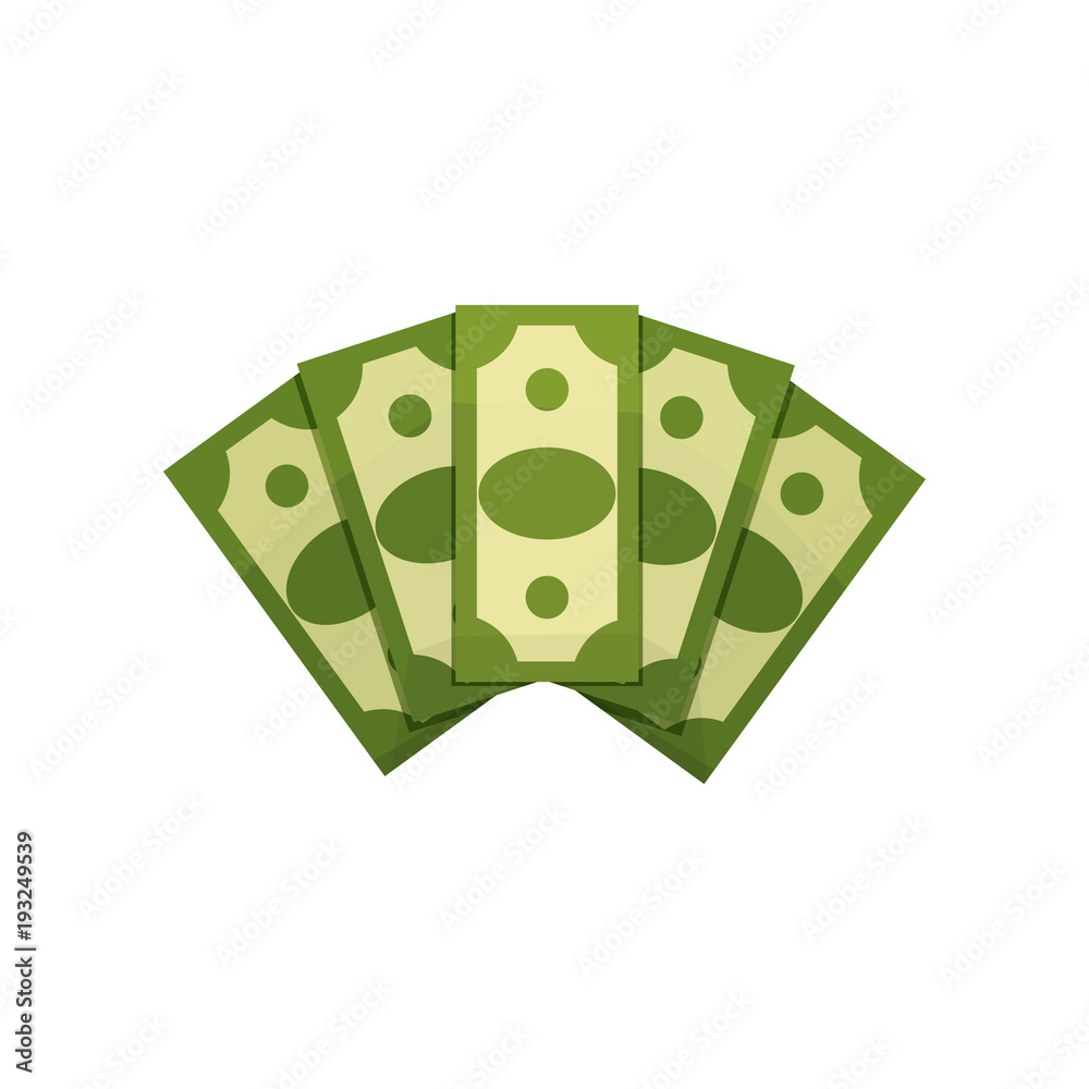 Cartoon illustration of money fan. Five dollar bills. Green banknotes ...