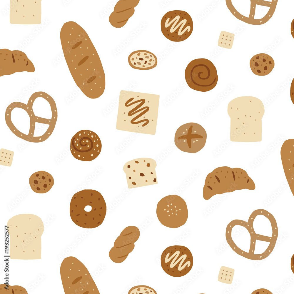 Hand drawn vector illustration of bread pattern on white background ...