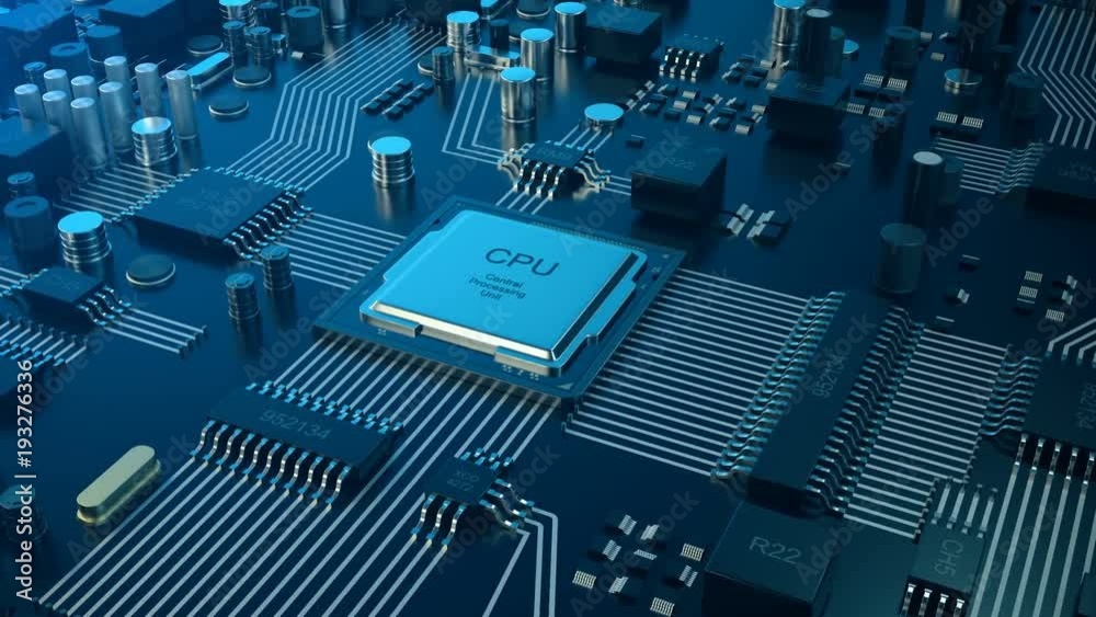 3D animation Circut board. Technology background. Central Computer ...
