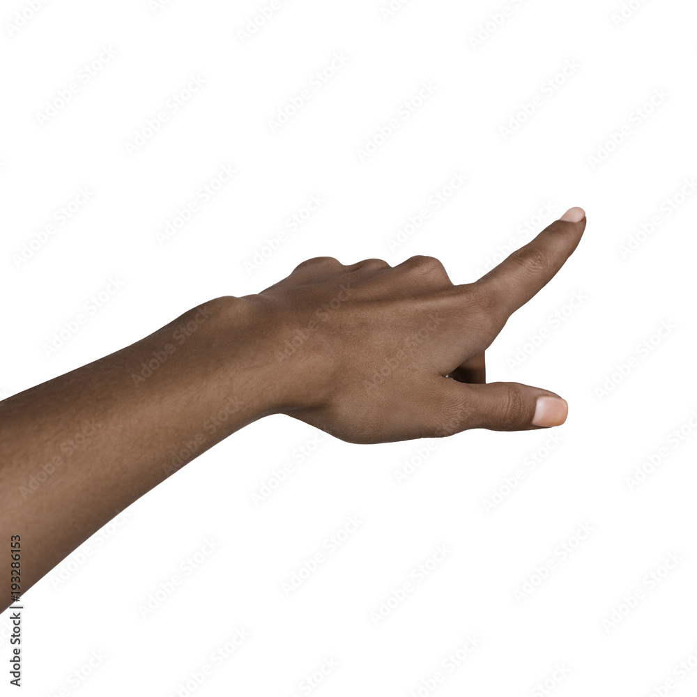 Isolated Empty open woman female hand in a pointing position on a white ...