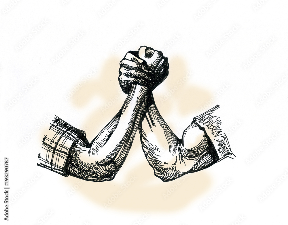 Arm wrestling, two hands in the fight. The symbol of the struggle. Ink ...