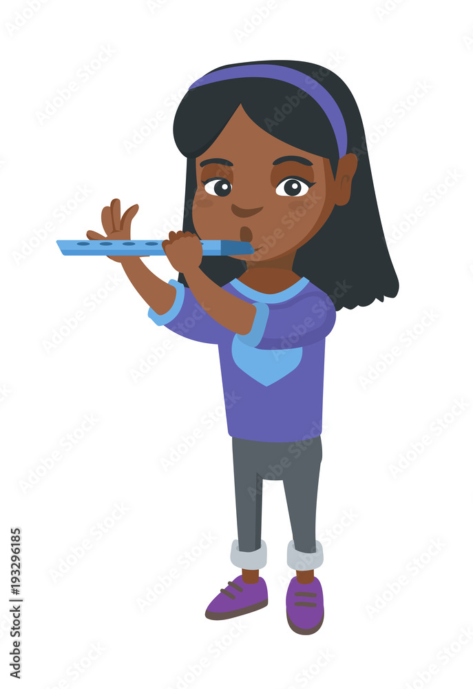 African-american little girl playing the flute. Full length of girl ...