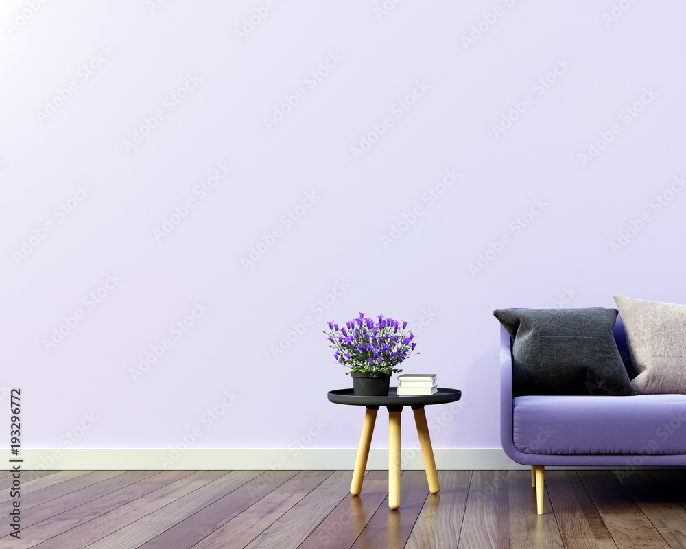 Living room interior with violet sofa and flower on dark table ...