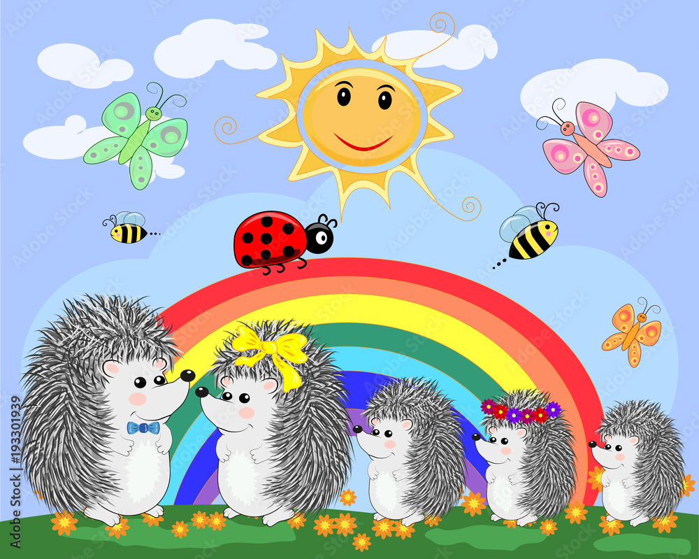 A family of five cute cartoon hedgehogs and a family of five ladybirds ...