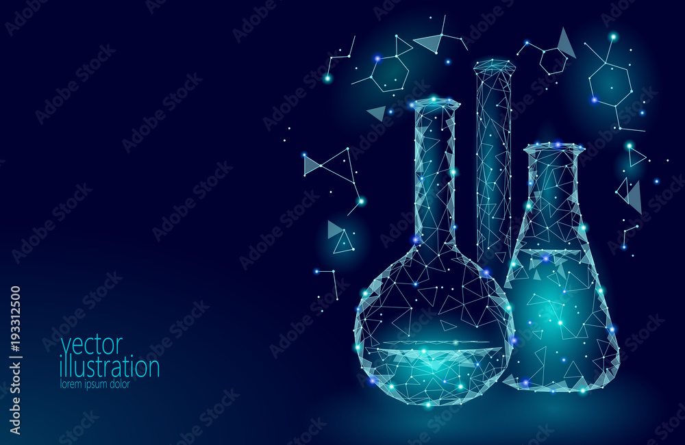 Low poly science chemical glass flasks. Magical equipment polygonal ...