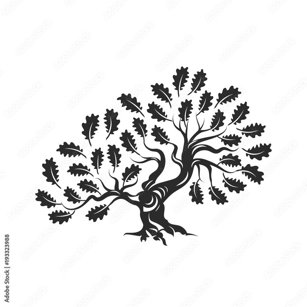 Huge and sacred oak tree silhouette logo badge isolated on white ...