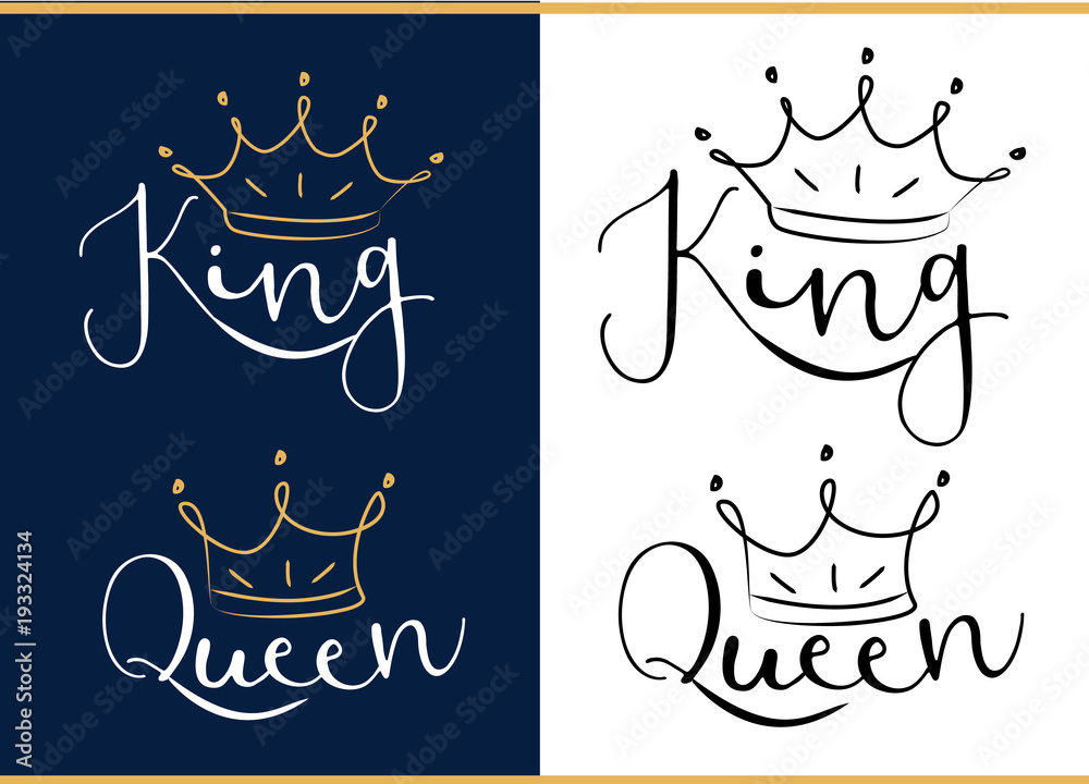 Queen and king. Black text logo with royal crown and tiara. Doodle ...