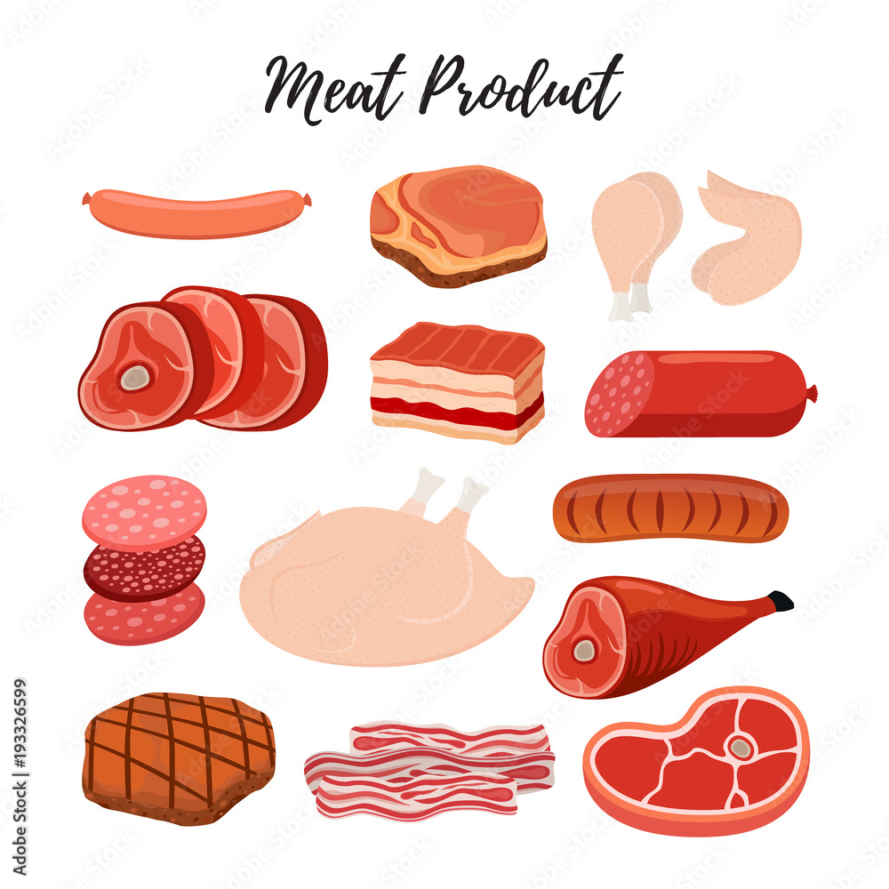 Vector meat products, butcher shop. Beef, sirloin, ham, chicken, jamon ...