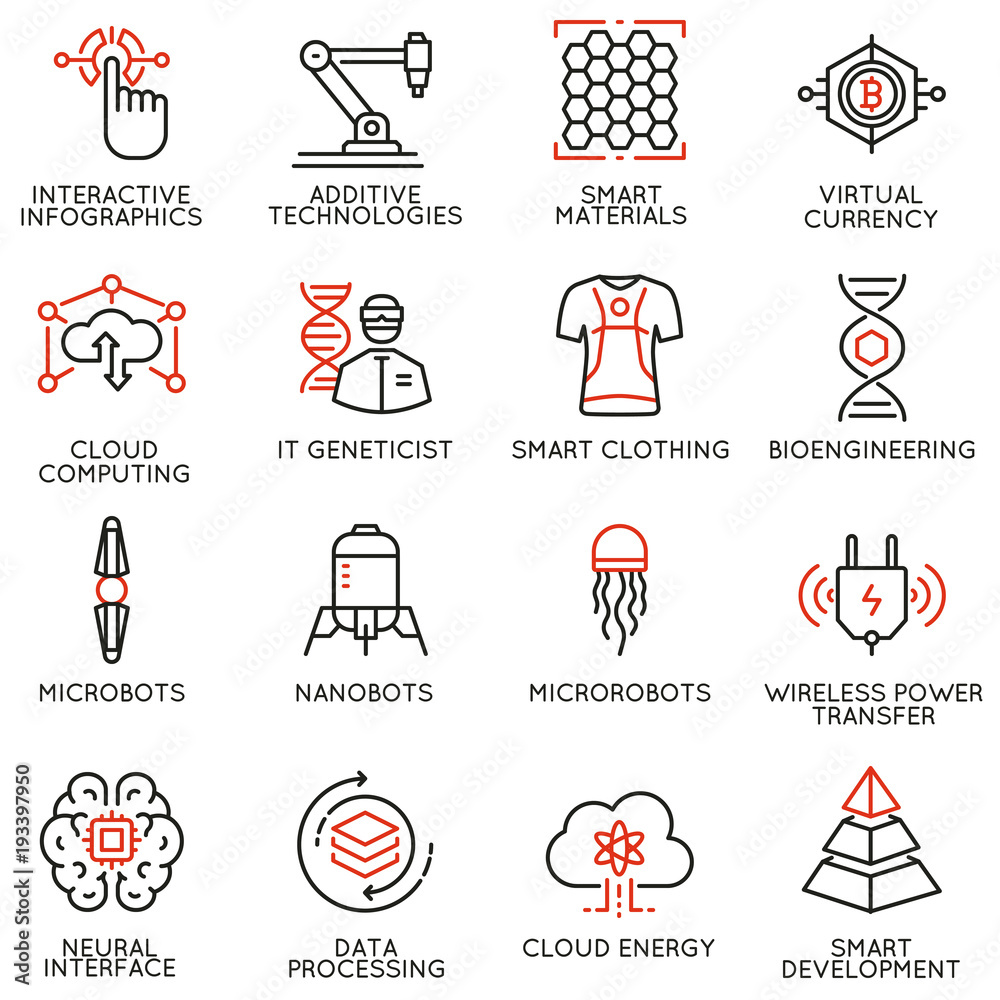 Vector set of 16 linear icons related to future innovation technology ...
