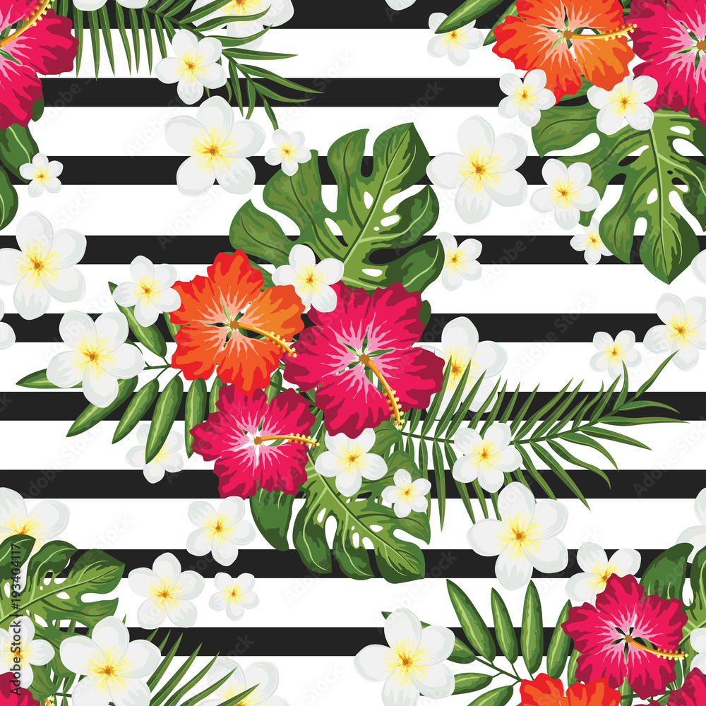 Seamless Vector Pattern of Summery Tropical flowers and leaves ideal ...