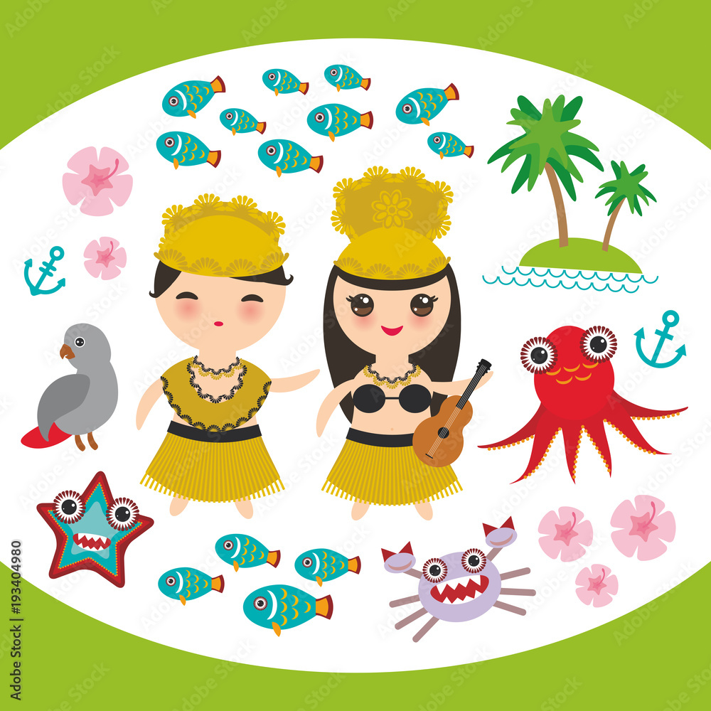 Card design Hawaiian Hula Dancer Kawaii boy girl set Hawaii icons ...