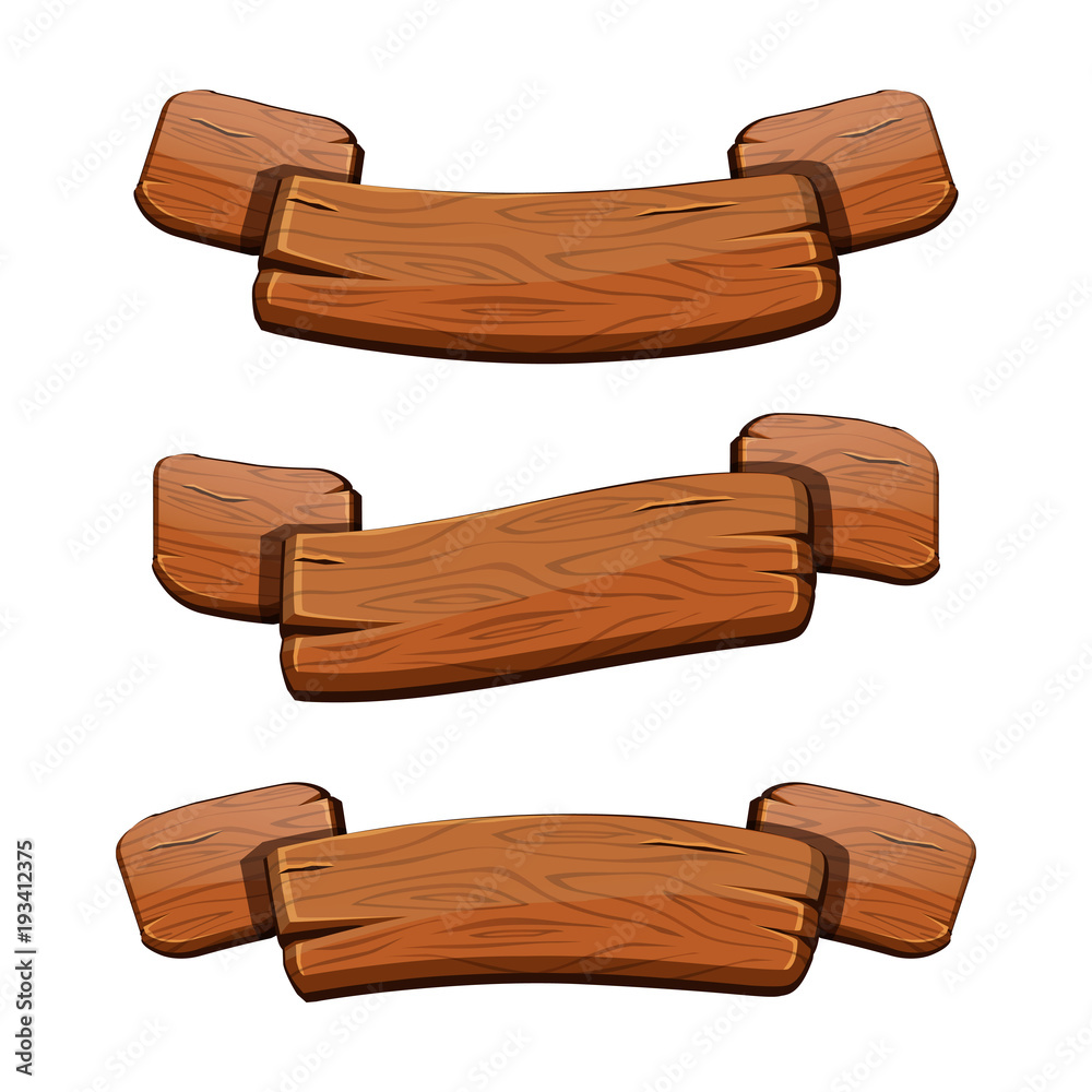 Vector set with cartoon wooden ribbons for game assets, ui development ...