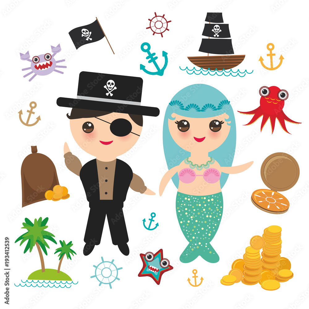 Mermaid with pirate card banner design copy space, pirate boat with ...