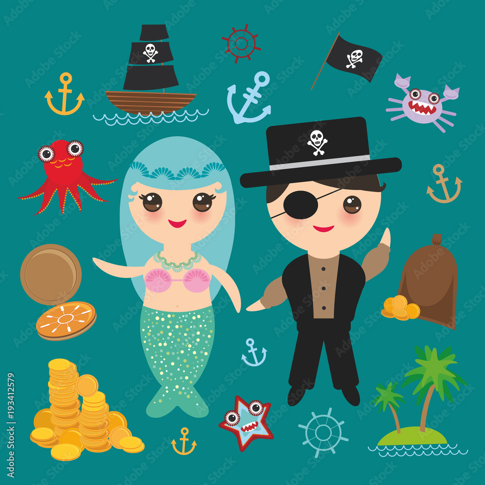 Mermaid with pirate card banner design copy space, pirate boat with ...