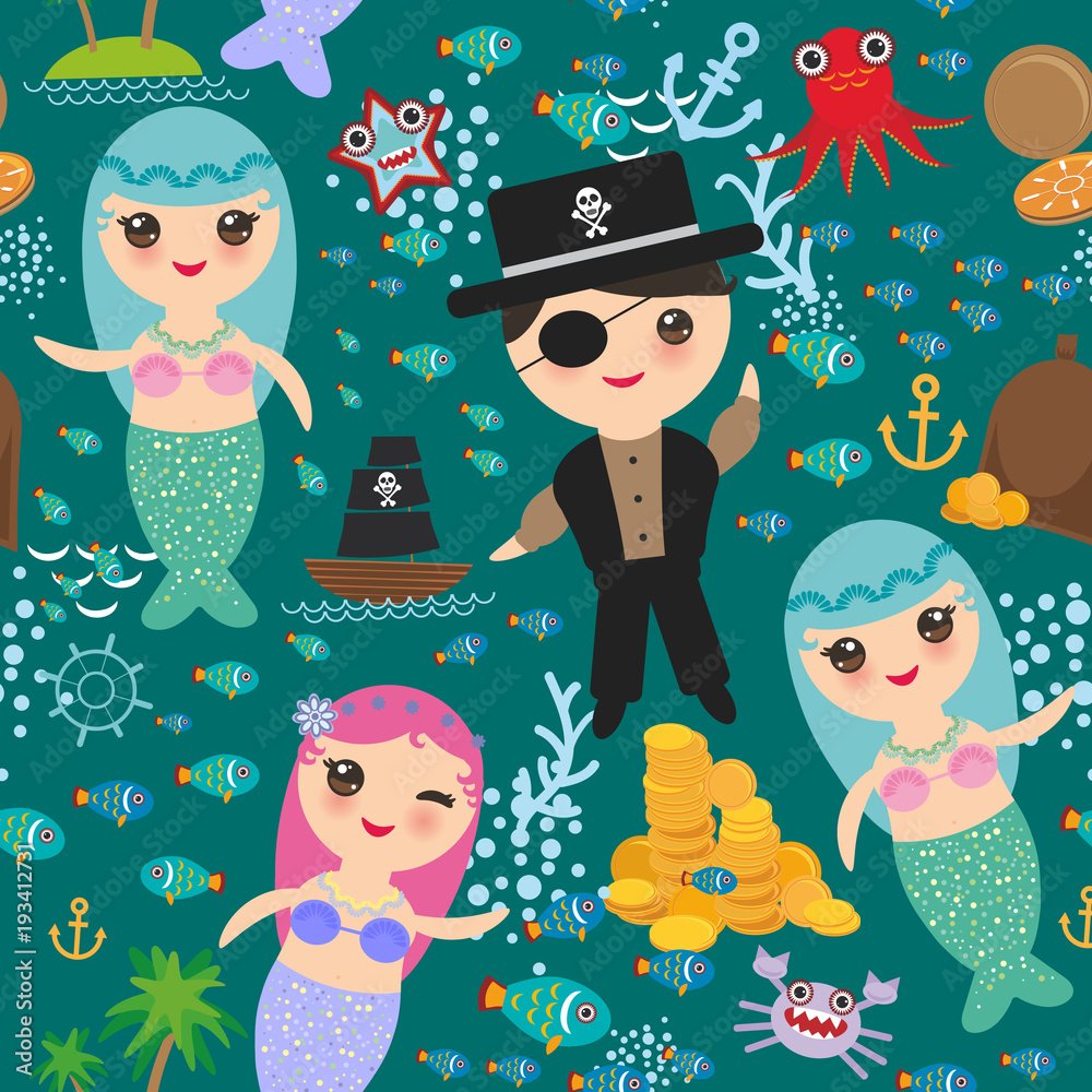 seamless pattern Mermaid with pirate, boat with sail, gold coins crab ...