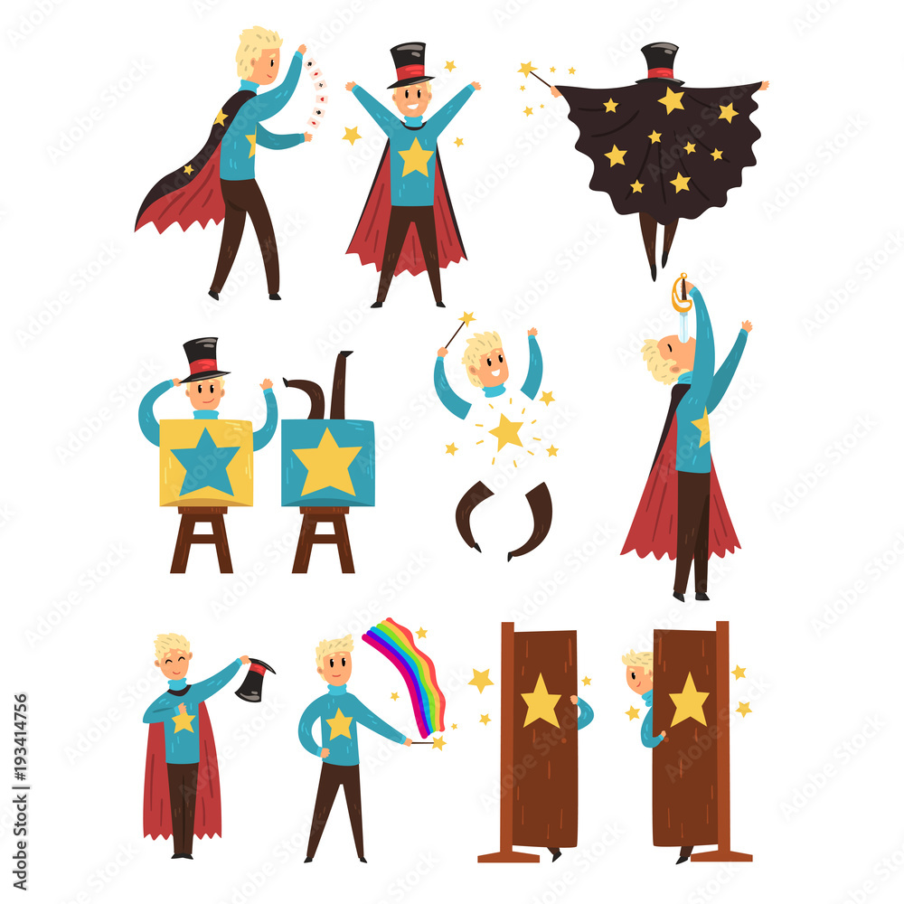 Magician performing a magic show set of vector Illustrations isolated ...