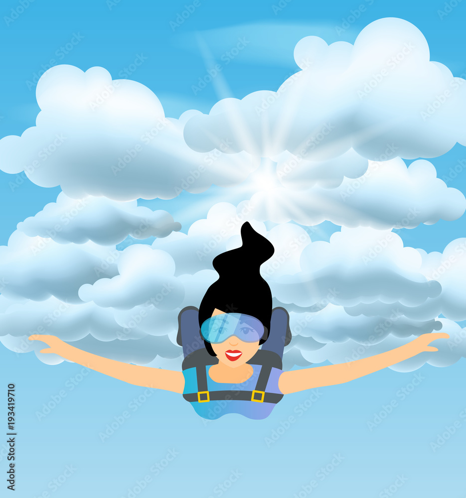 Skydiver woman flying in the blue cloudy sky. Vector female character ...