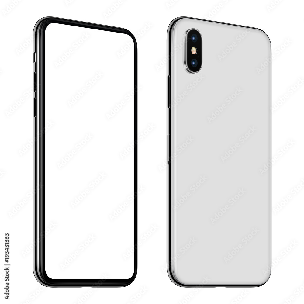 New white smartphone mockup front and back sides CCW rotated isolated ...