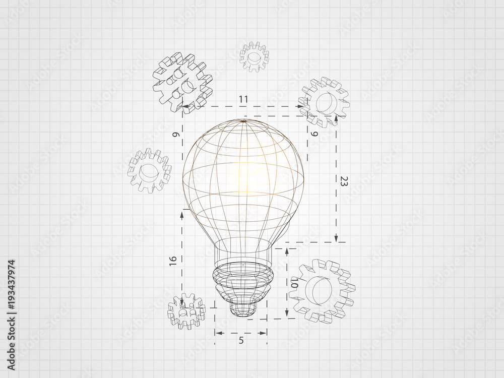 Wireframe lightbulb with 3d gear on grid background represents ...