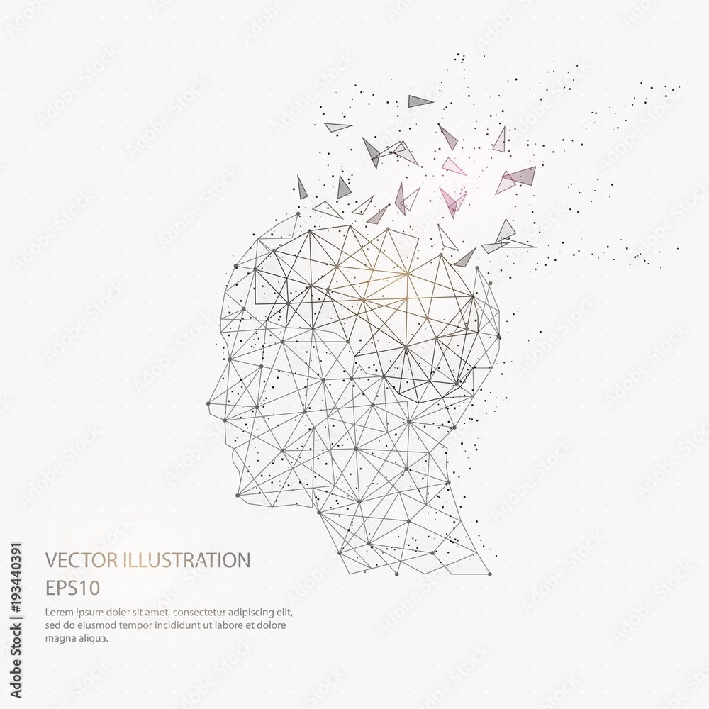 Digitally drawn thinkers head and brain black low poly wire frame ...